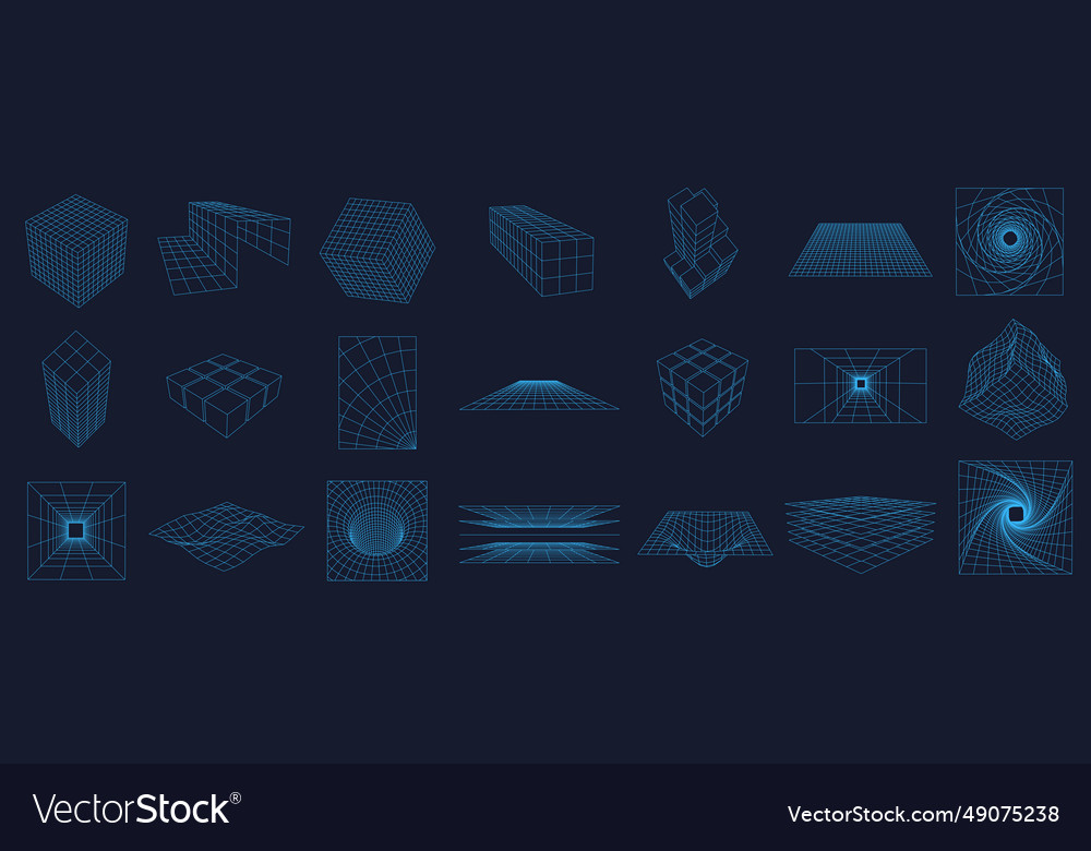 Wireframe grid elements 3d mesh structures cyber Vector Image