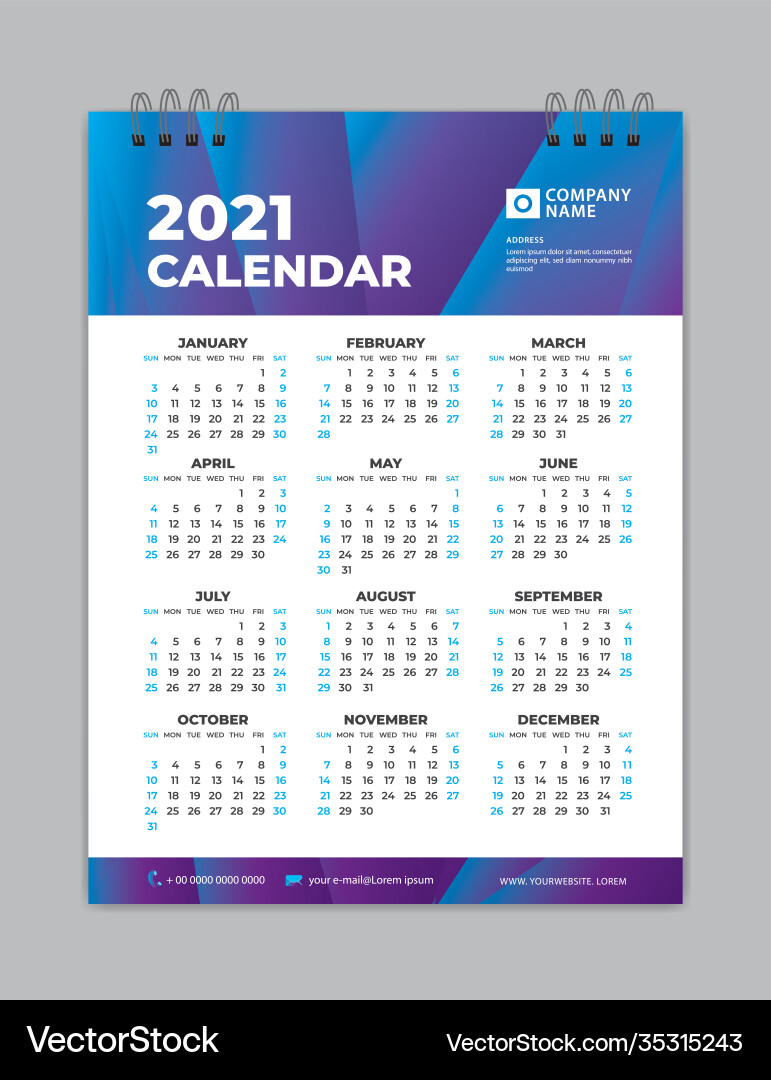 Calendar 2021 template layout wall calendar 2021 Vector Image