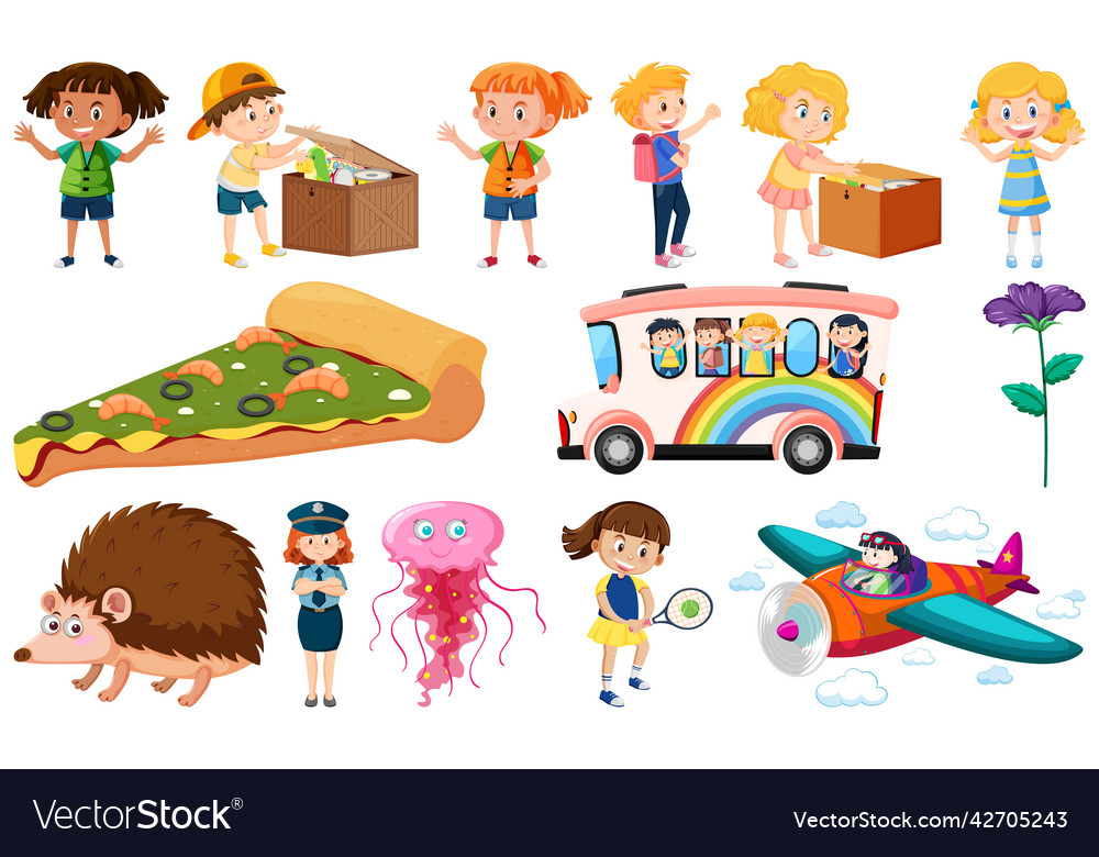 Set of different cute kids and objects Royalty Free Vector