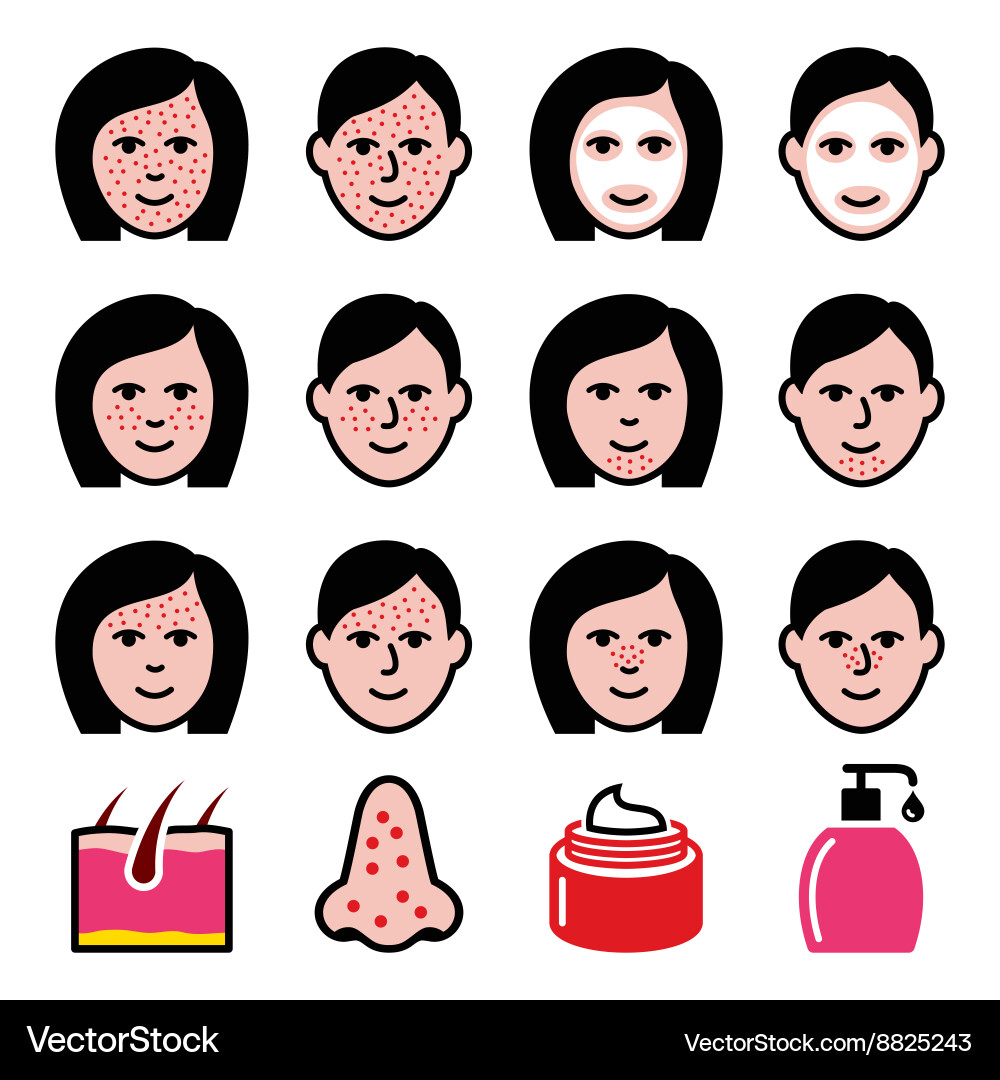 Skin problems - acne spots treatment icons set Vector Image