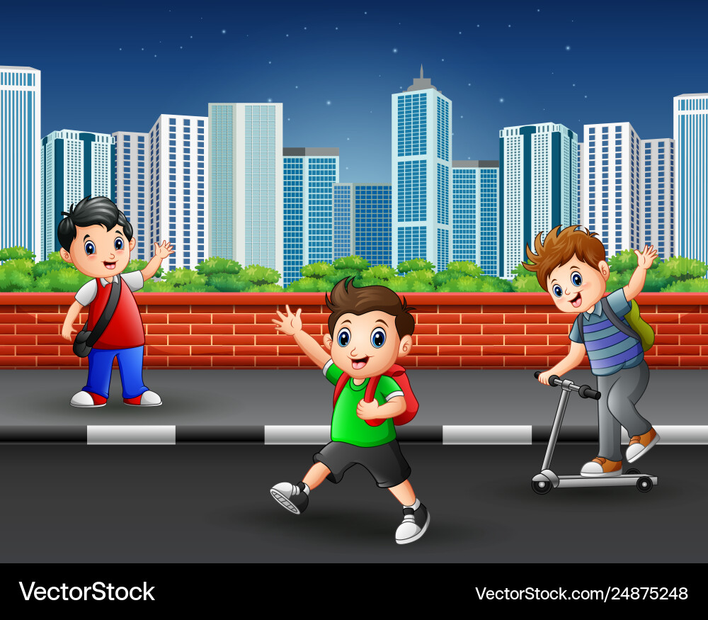 Children on sidewalk with urban scene Royalty Free Vector