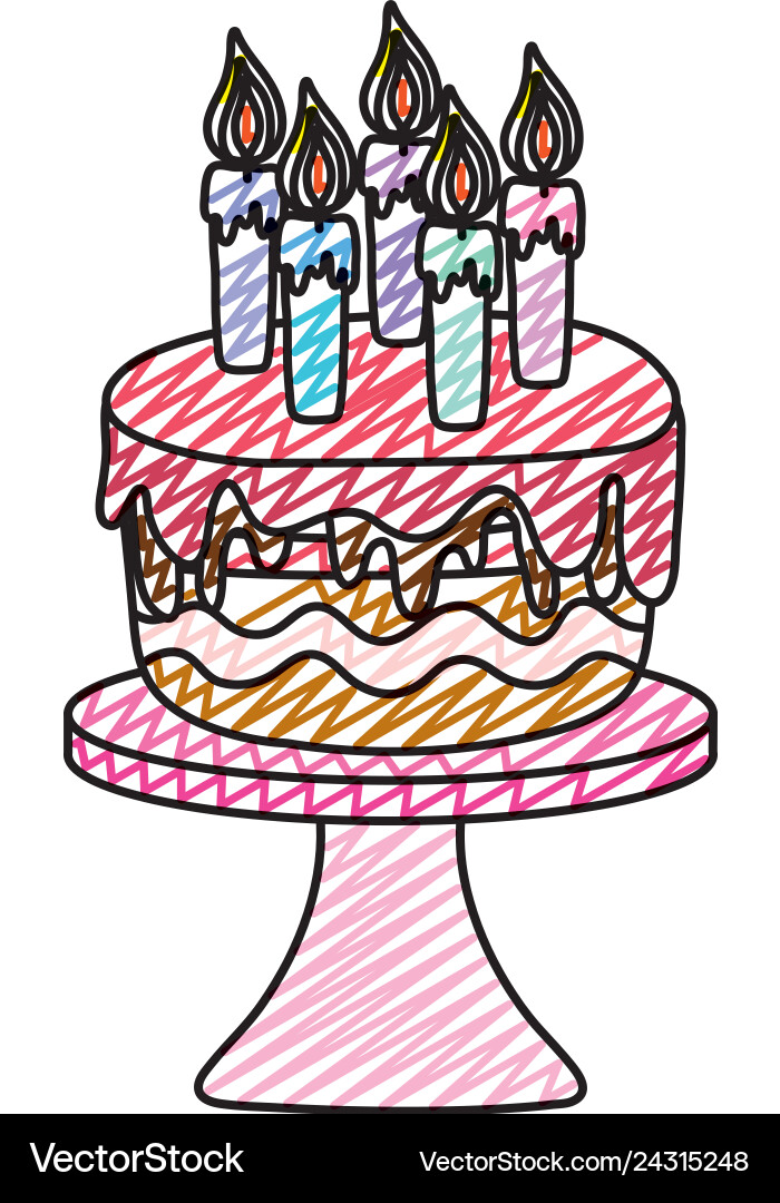 Doodle delicious cake with burning candles Vector Image