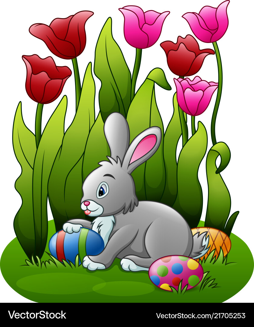 Easter bunny with eggs in the flower garden Vector Image