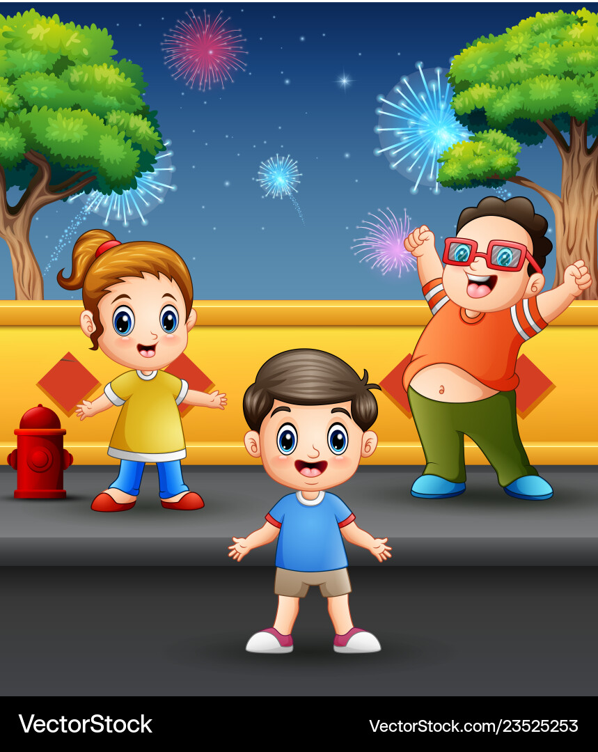Happy children playing with firework landscape in Vector Image