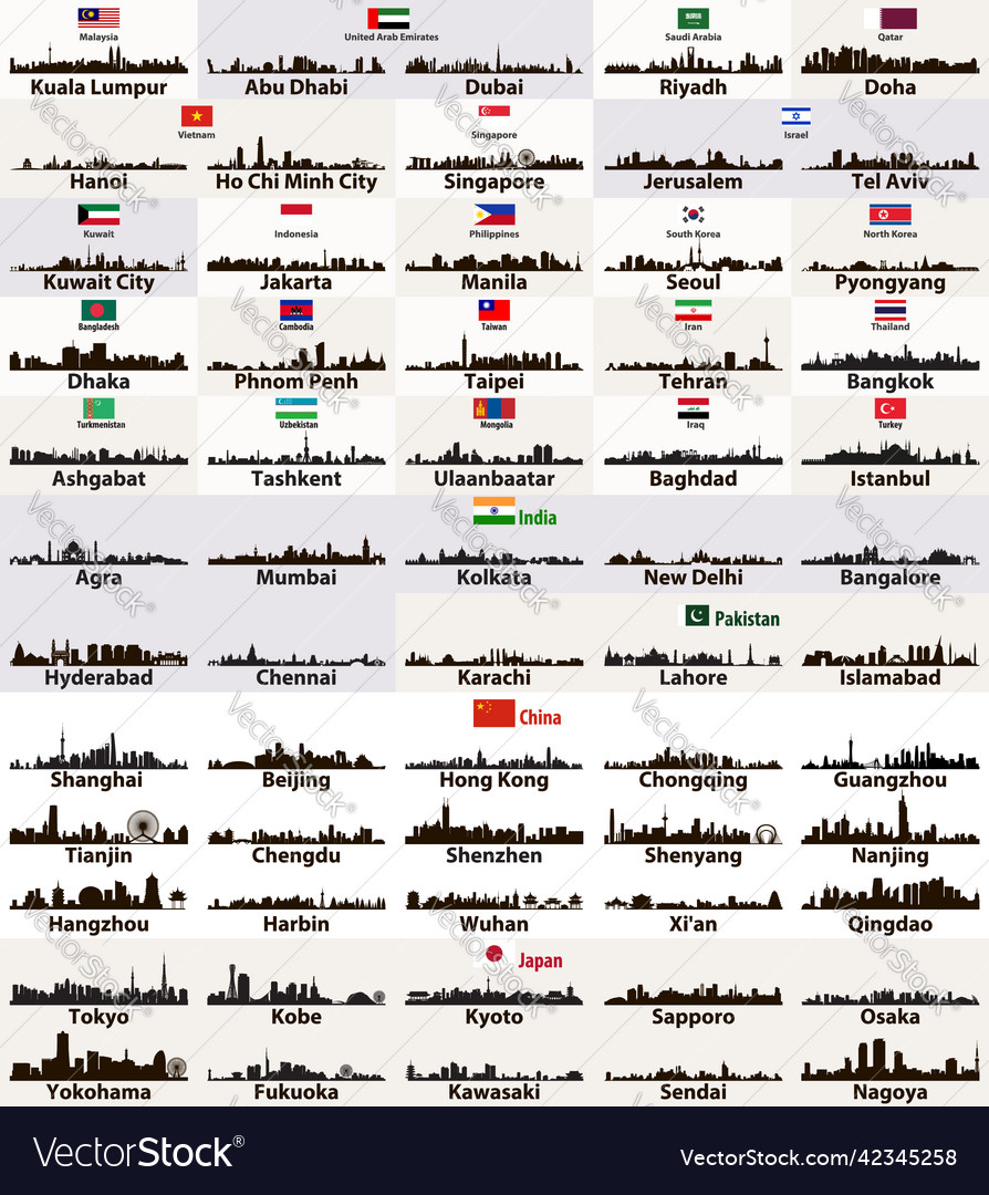 Asian cities skylines silhouettes collection Vector Image