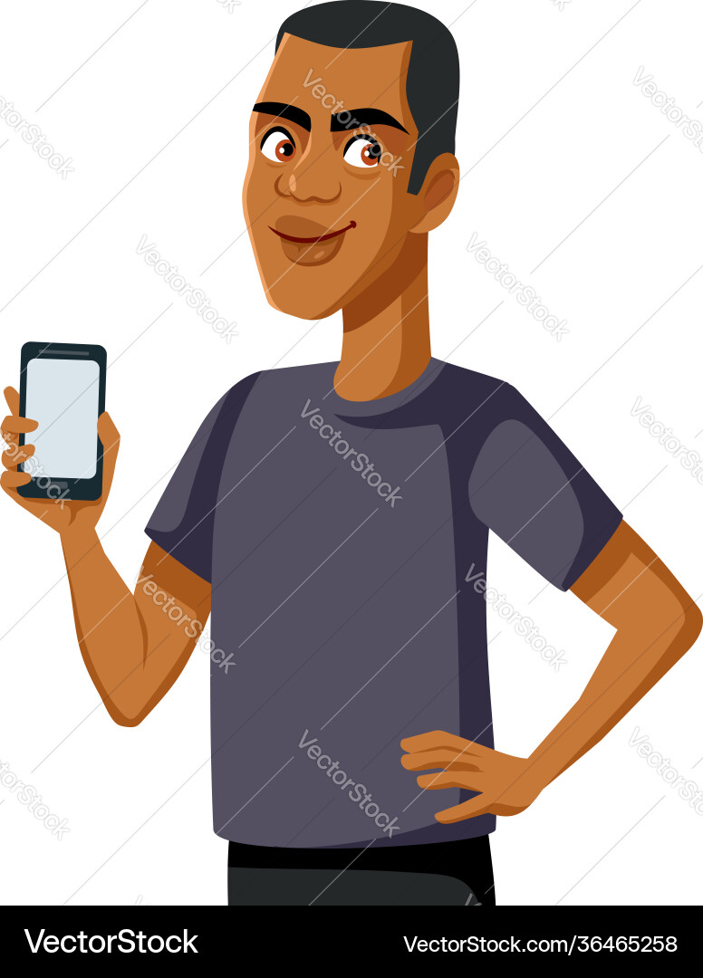 Happy smiling man showing a smartphone Royalty Free Vector