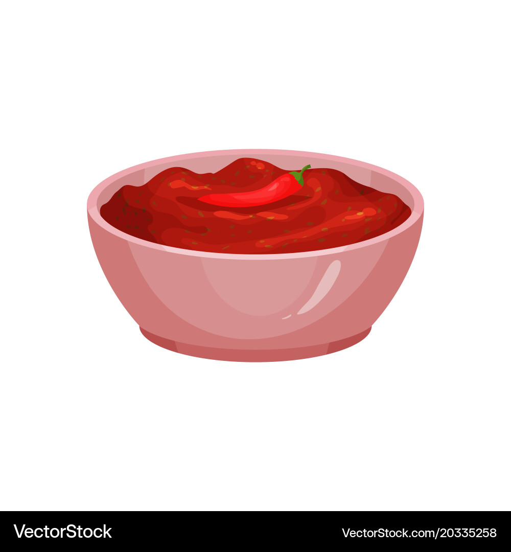Salsa with red-hot chili pepper in ceramic dip Vector Image