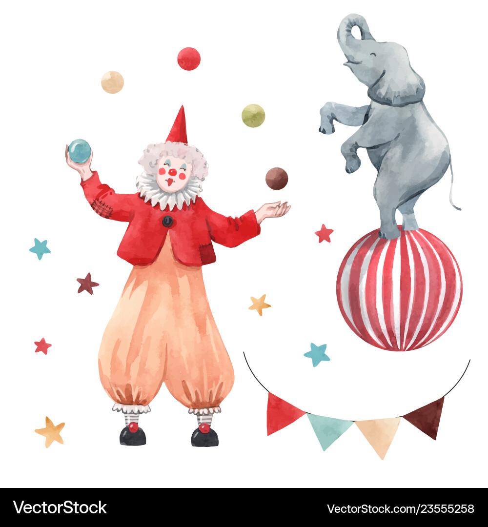 Watercolor circus clown set Royalty Free Vector Image
