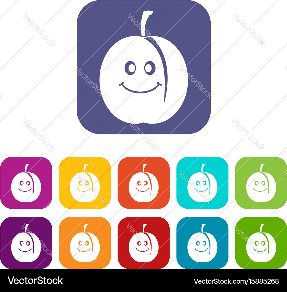 Fresh smiling apricot icons set flat Royalty Free Vector