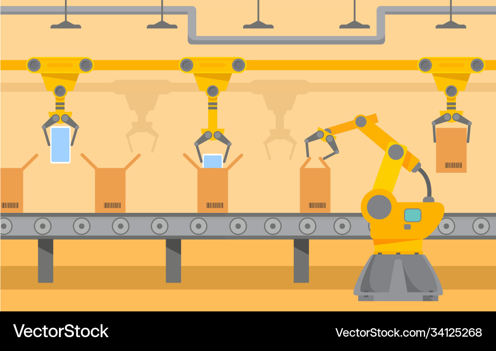 Robotic packing conveyor beltautomated robot arm Vector Image
