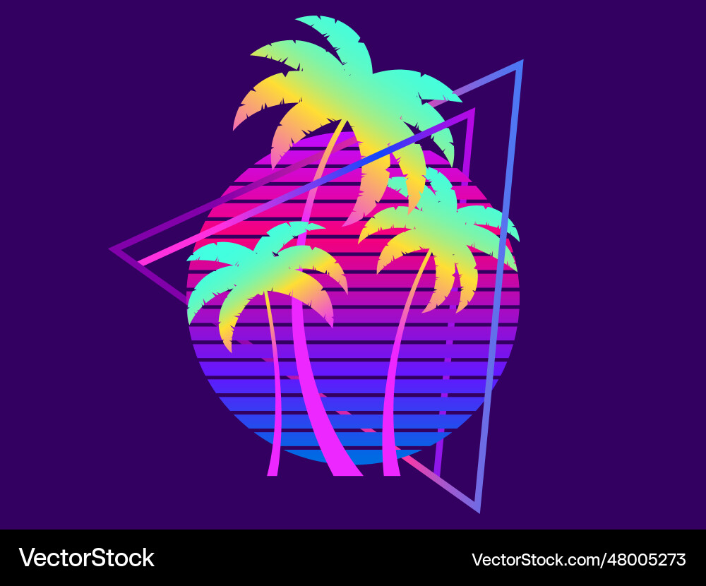 Retro waves banner with sun and palm trees Vector Image