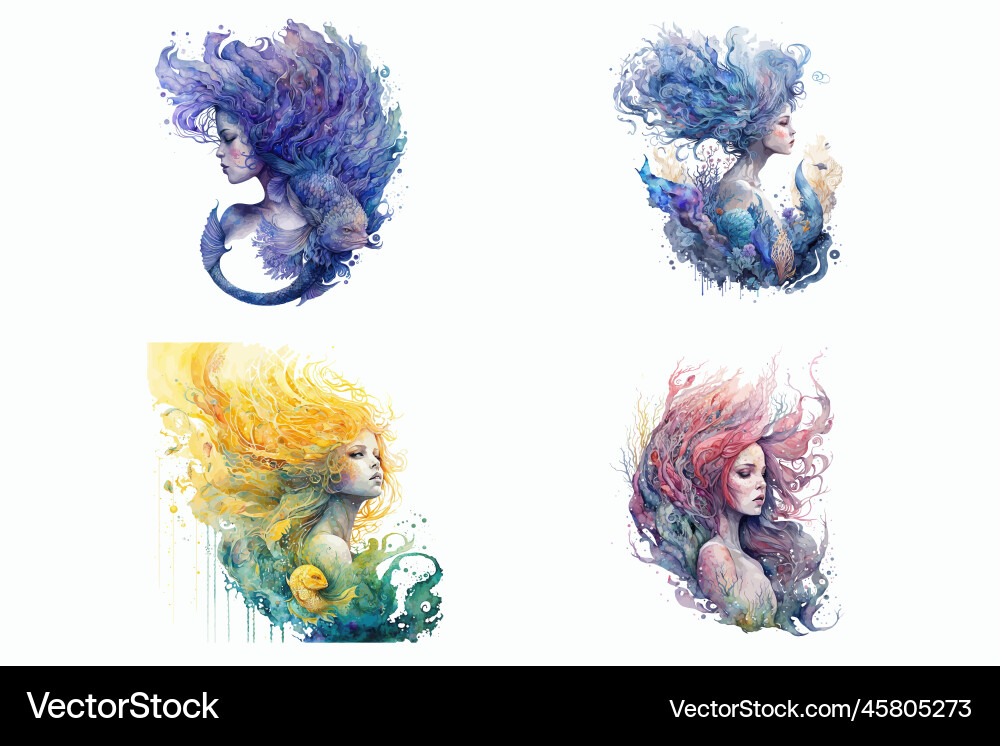 Watercolor mermaid and elements hand Royalty Free Vector