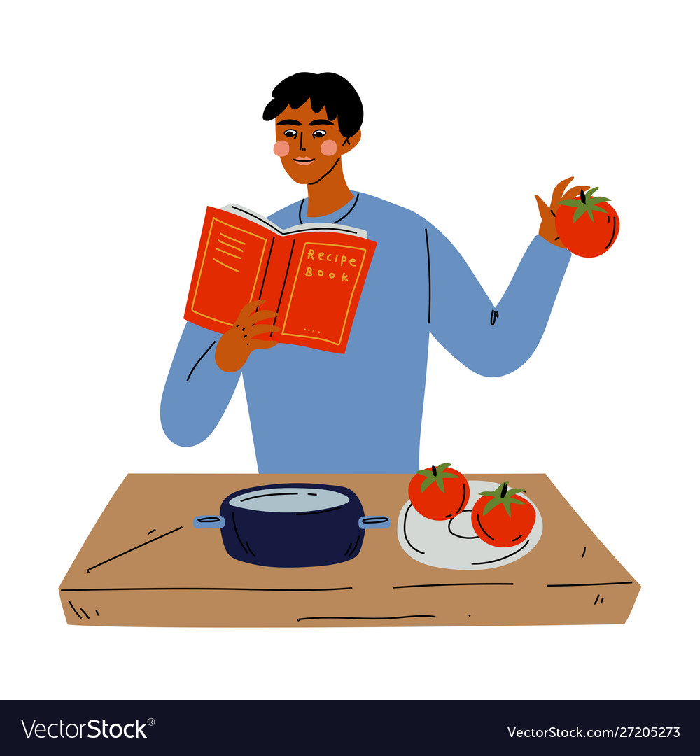 Young man reading book recipes and cooking Vector Image