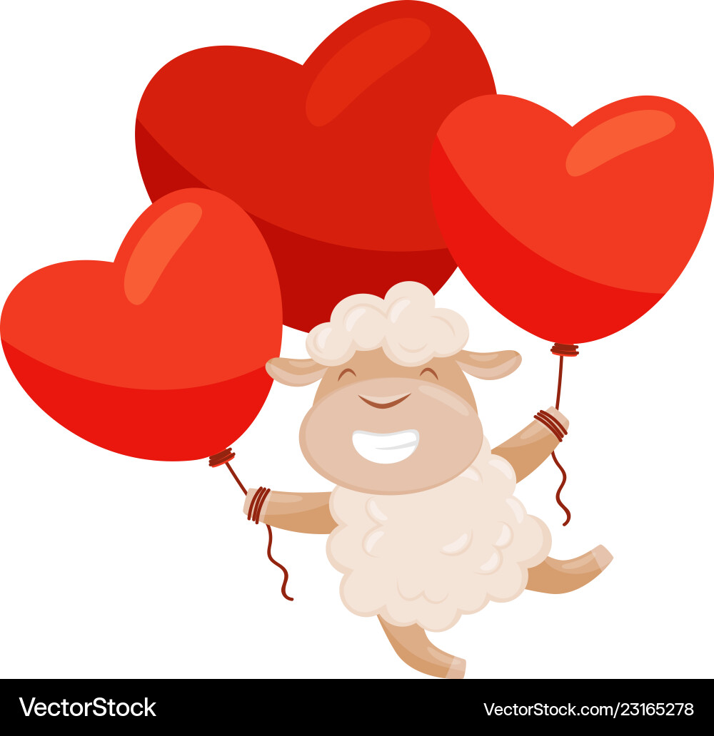 Cute sheep flying with bright red heart-shaped Vector Image