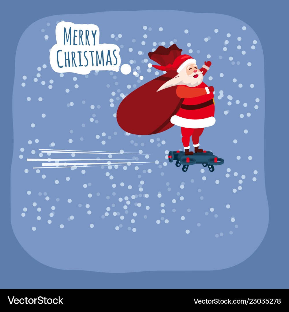 Santa claus on a hoverboard flies with bag Vector Image