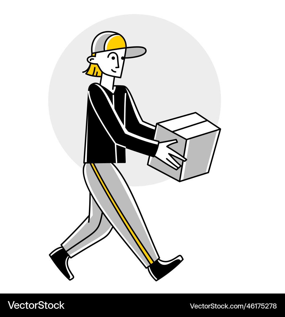 Young man currier carrying box package outline Vector Image