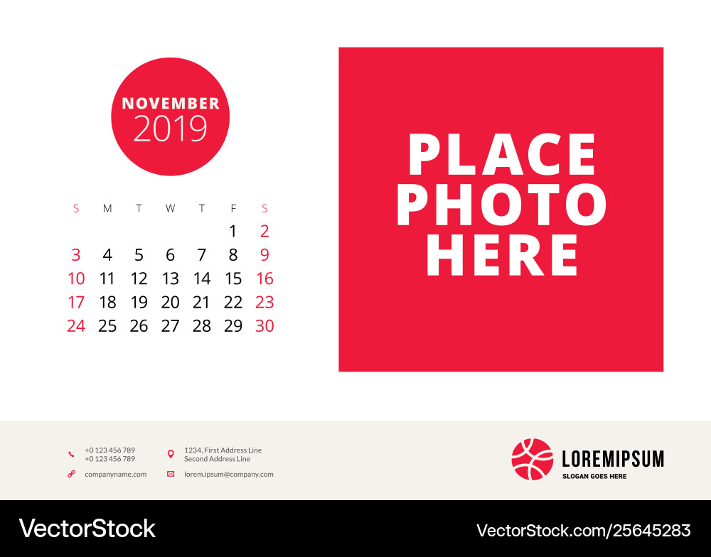 November 2019 desk calendar design template Vector Image
