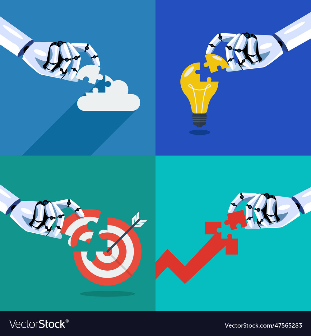 Robot inserts the missing puzzle in different Vector Image