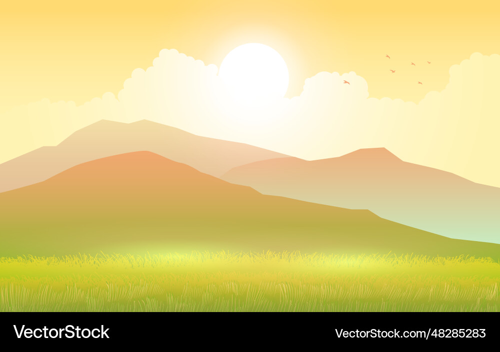 Shows a peaceful landscape with mountains and Vector Image