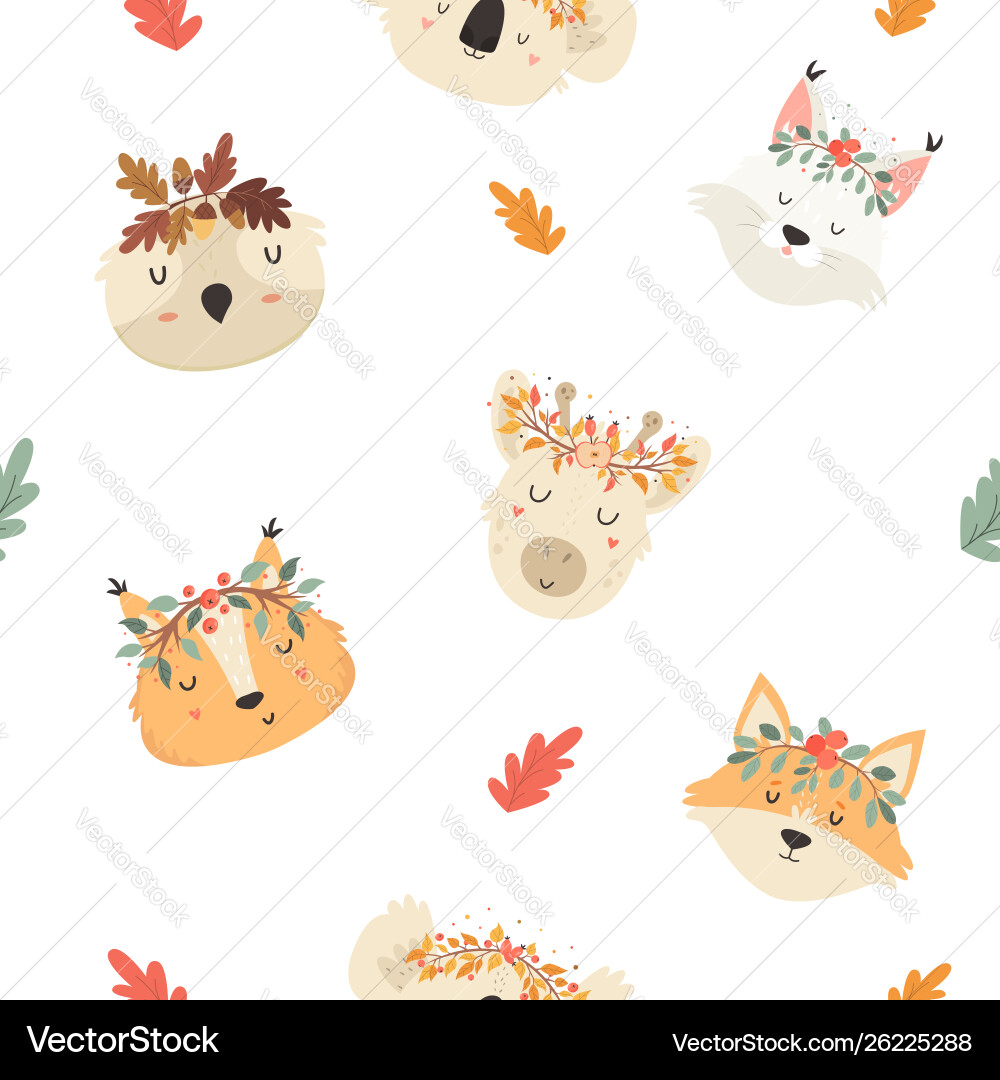 Cute seamless pattern with autumn animals in crown