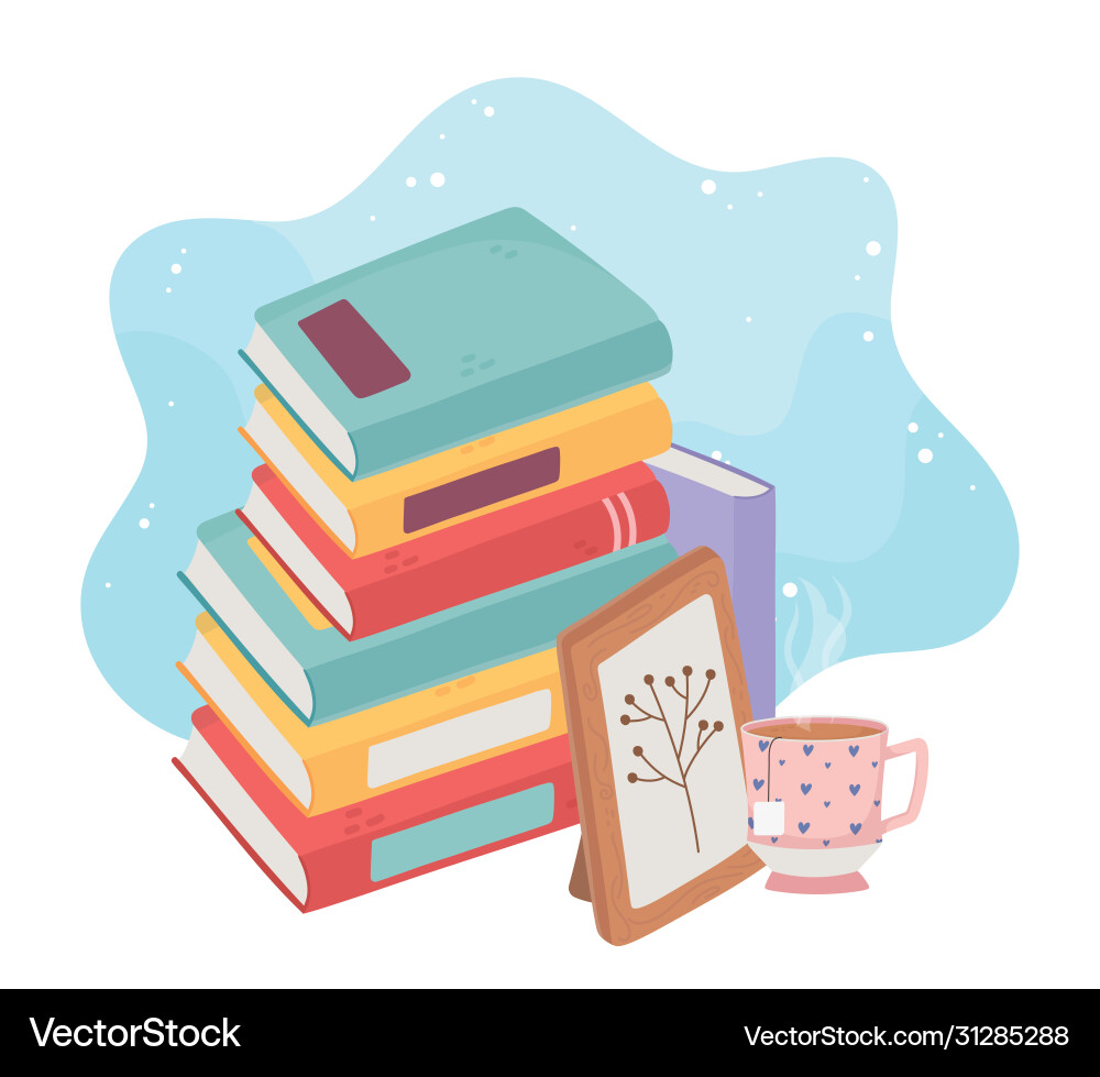 Sweet home stack books tea cup and picture Vector Image