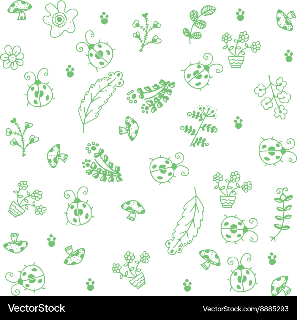 Green leaves and insect doodle art Royalty Free Vector Image