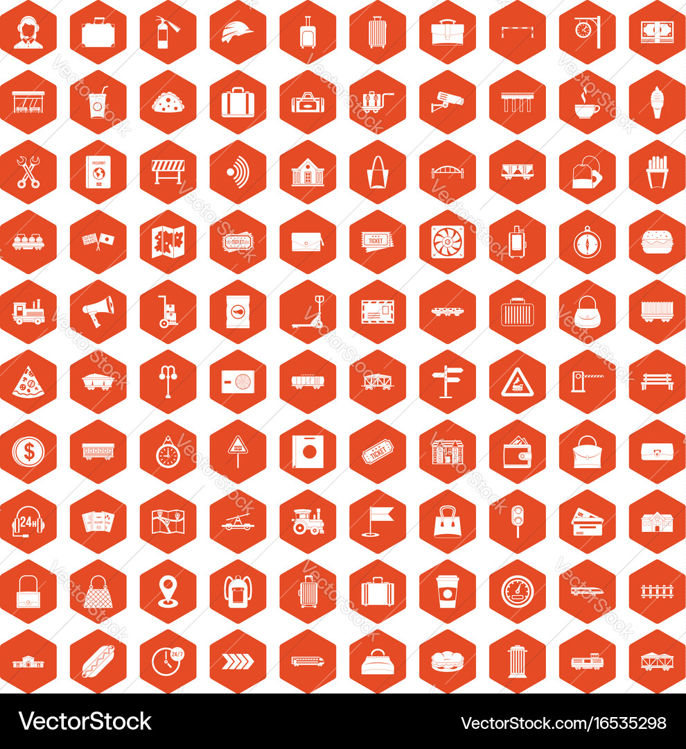 100 railway icons hexagon orange Royalty Free Vector Image