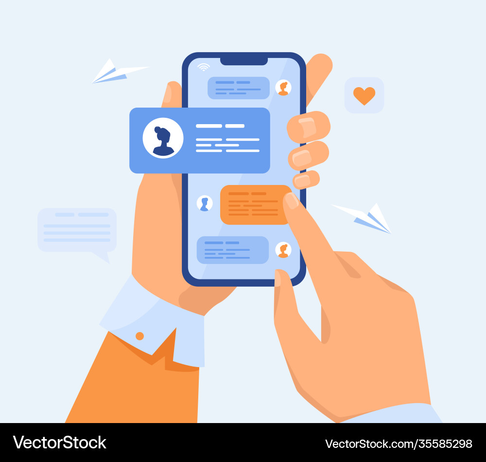 Human hand holding mobile phone with text messages