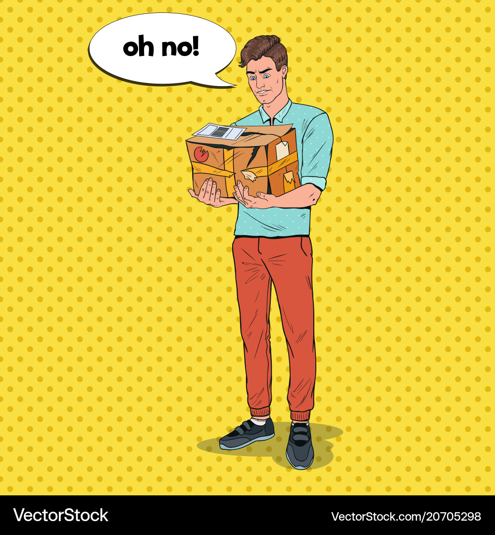 Pop art disappointed man holding damaged parcel Vector Image