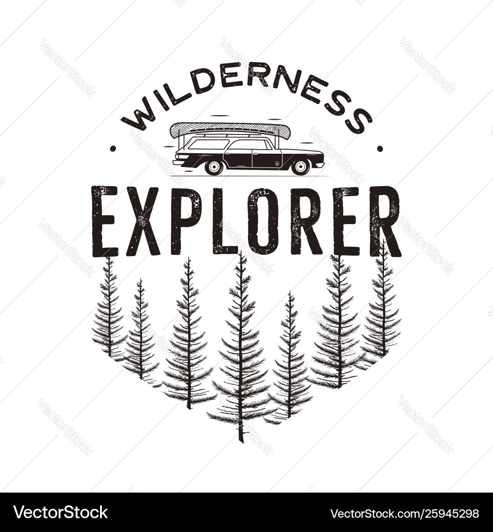 Wilderness explorer logo with camp car and pine Vector Image