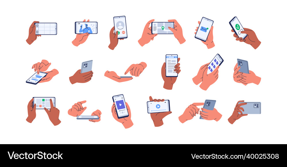 Hands holding mobile phones set fingers touching Vector Image
