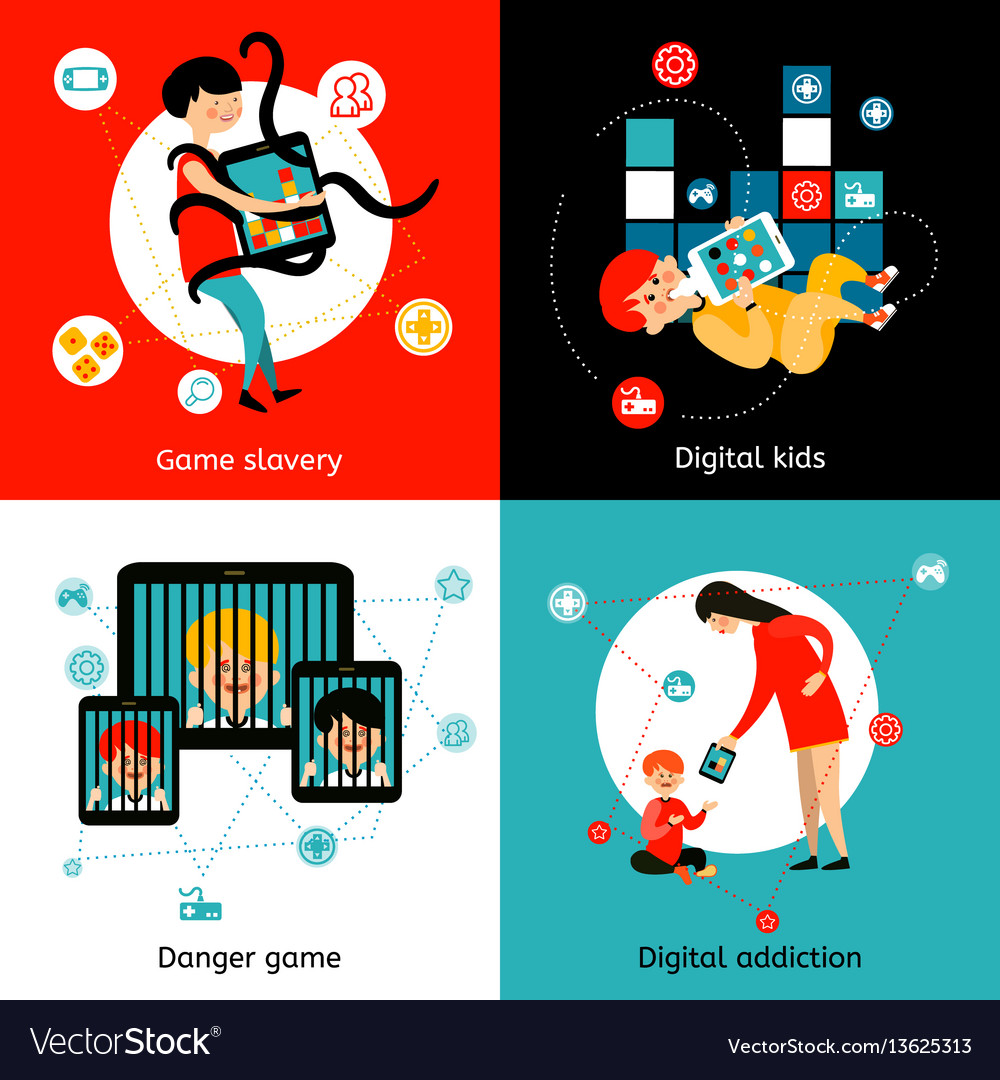 Children internet addiction 4 flat icons Vector Image Children internet addiction 4 flat icons Vector Image