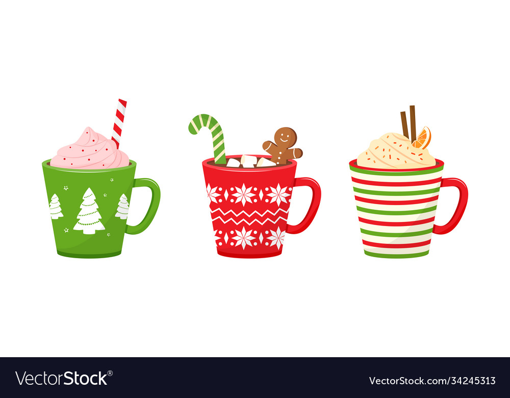 Christmas cups with drinks holiday mugs Royalty Free Vector
