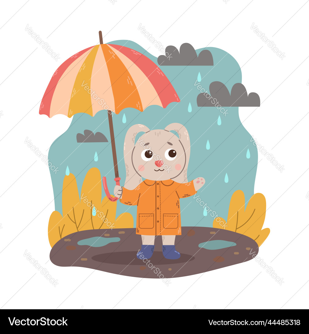 Cartoon rabbit stands under an umbrella Royalty Free Vector