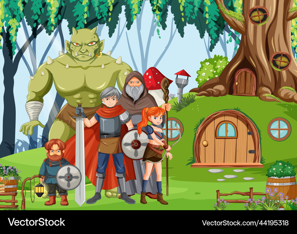 Enchanted scene with medieval cartoon characters Vector Image