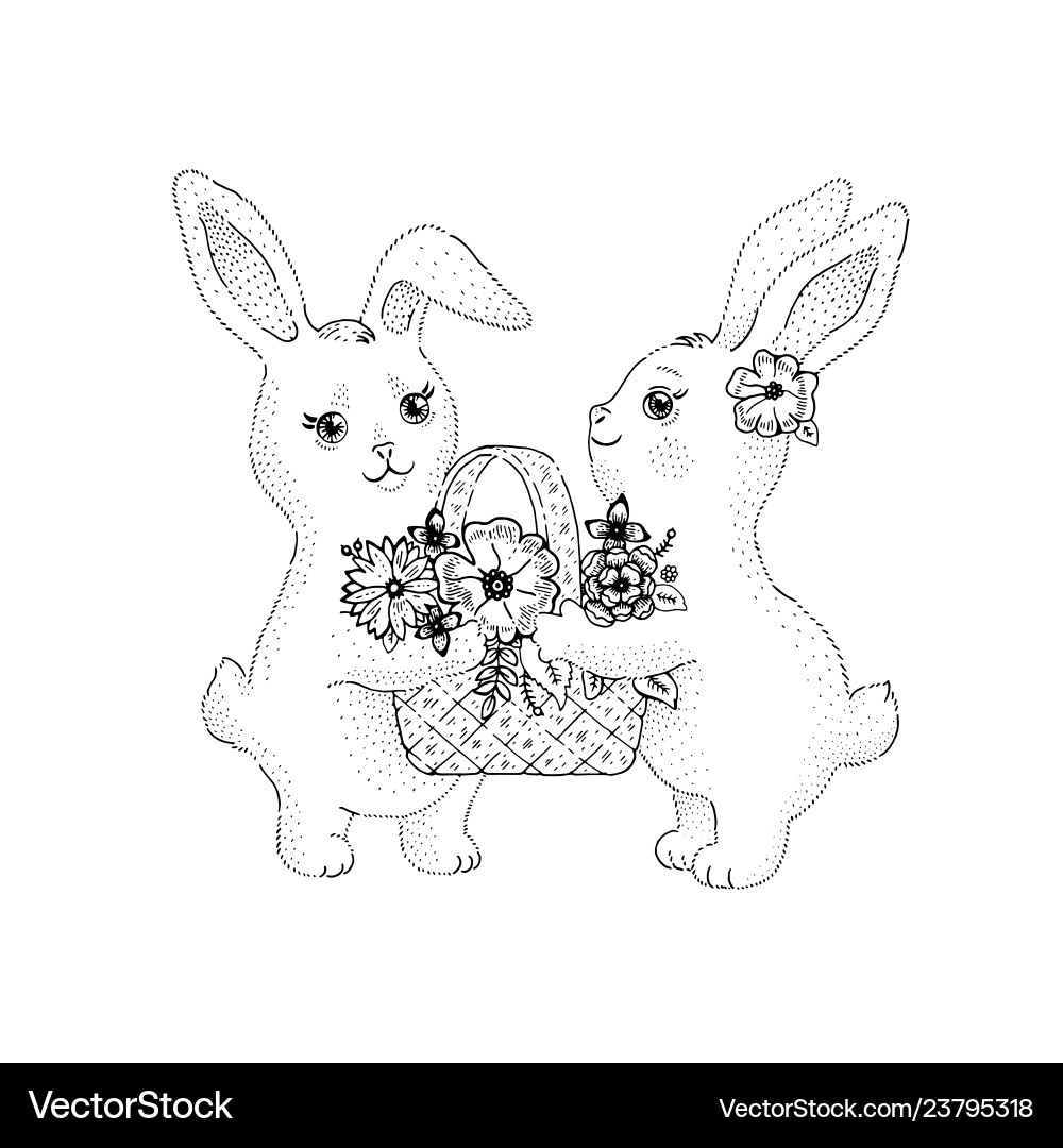 Spring bunny rabbits with flowers blossom Vector Image