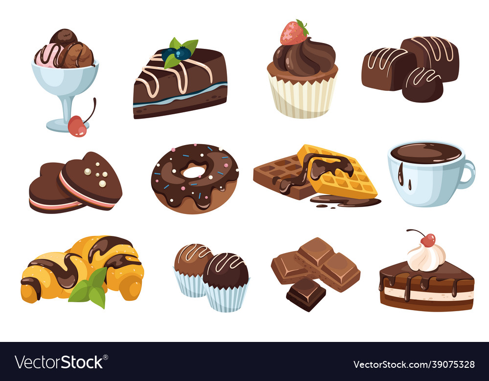 Chocolate desserts design elements set Royalty Free Vector