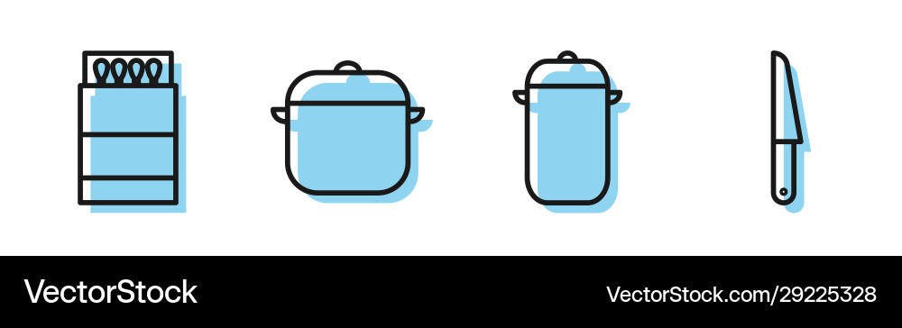Set line cooking pot open matchbox and matches Vector Image