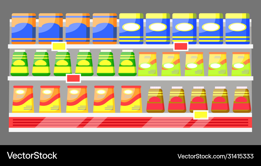 Row with products in containers on fridge shelf Vector Image