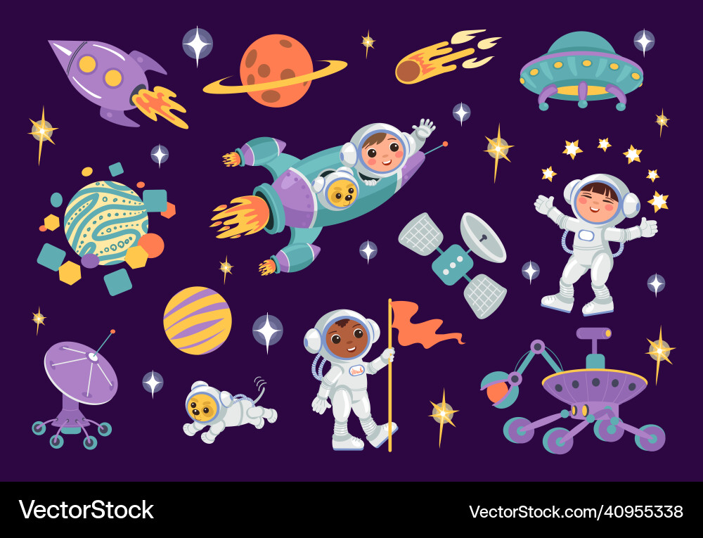 Kids astronauts with space elements cartoon Vector Image