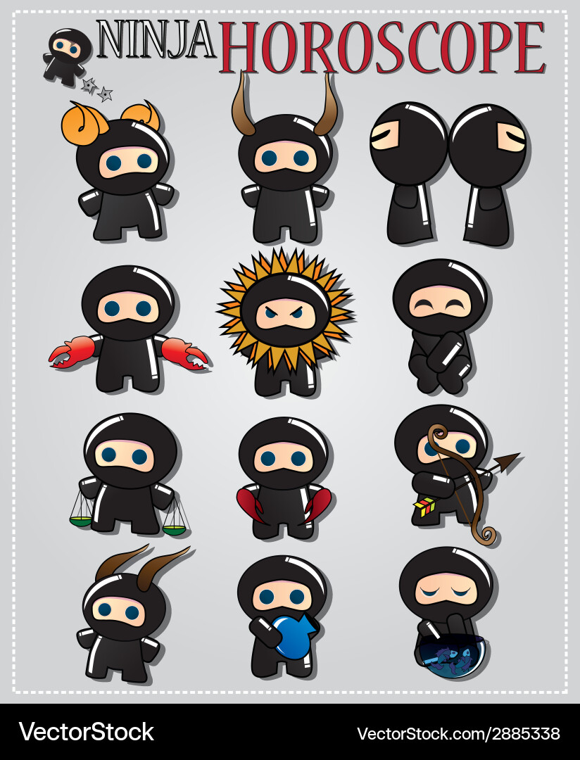 Zodiac signs with cute ninja characters Royalty Free Vector