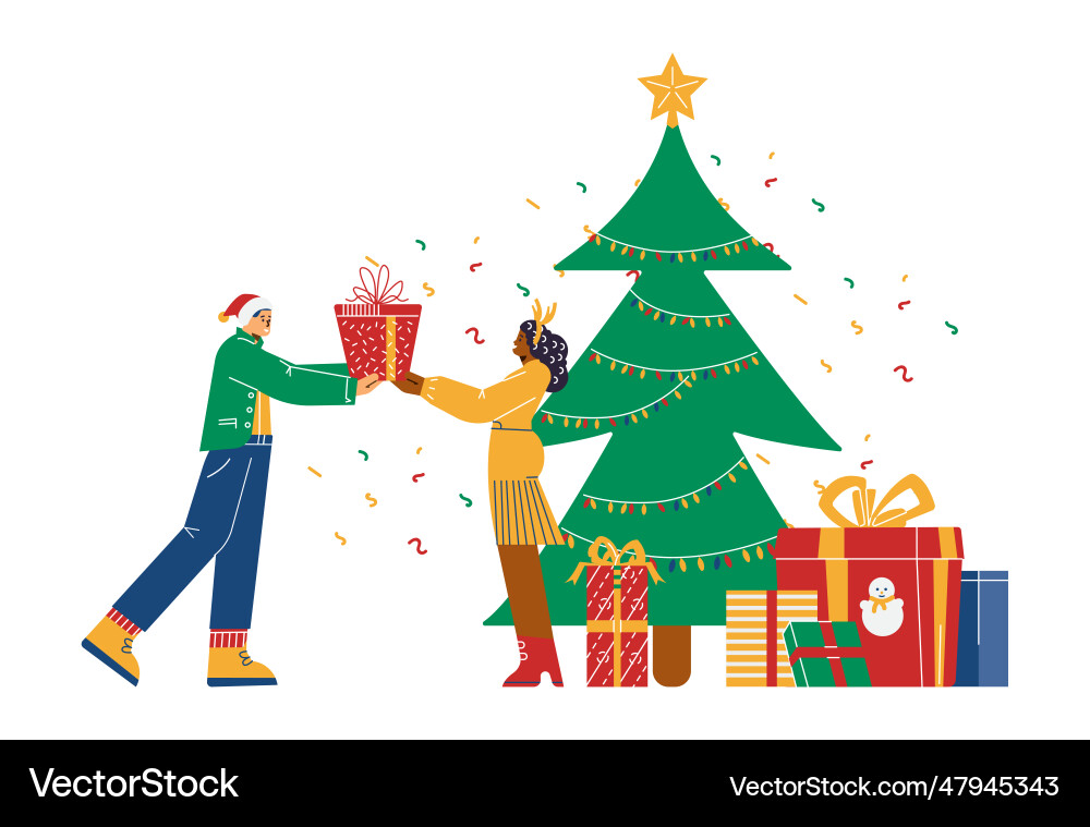 Couple exchanging christmas gifts under tree flat Vector Image