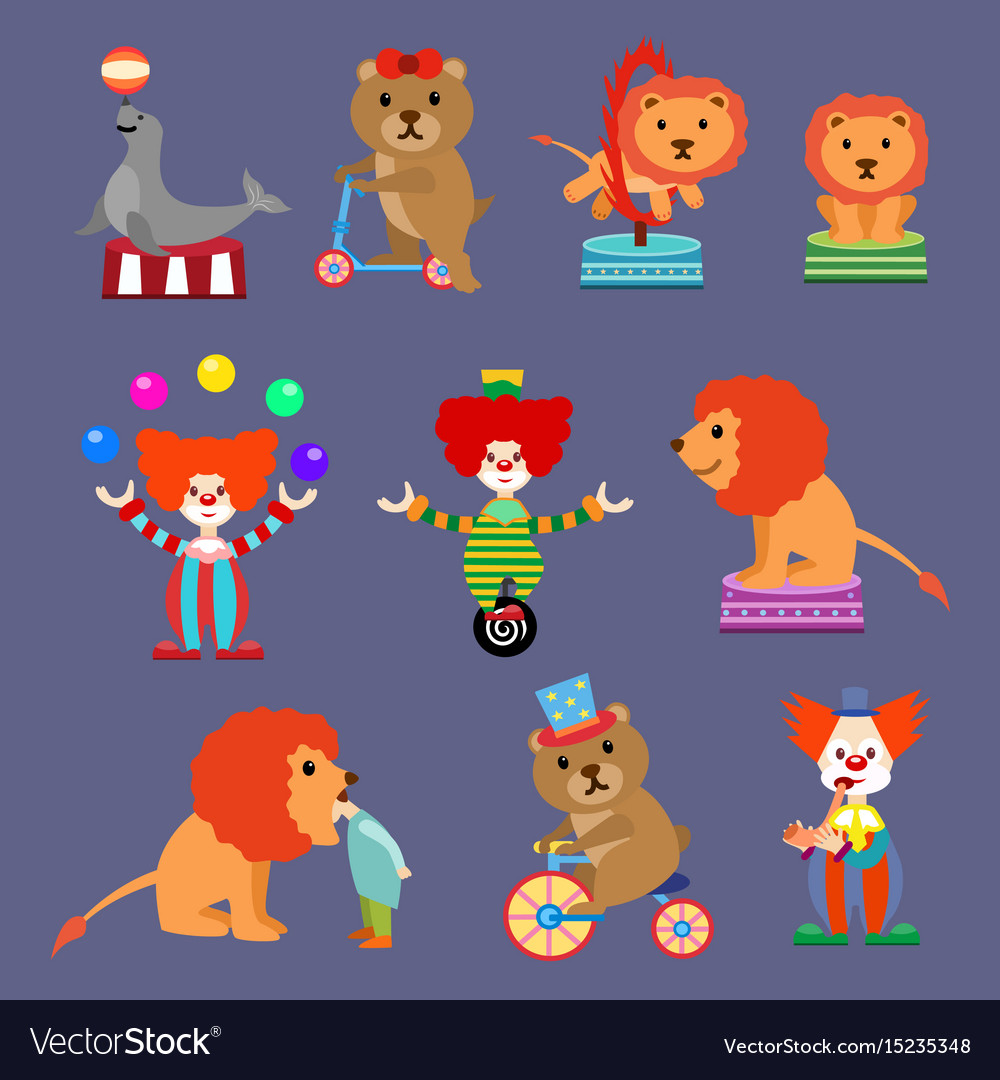 Flat set of circus animals and clowns Royalty Free Vector