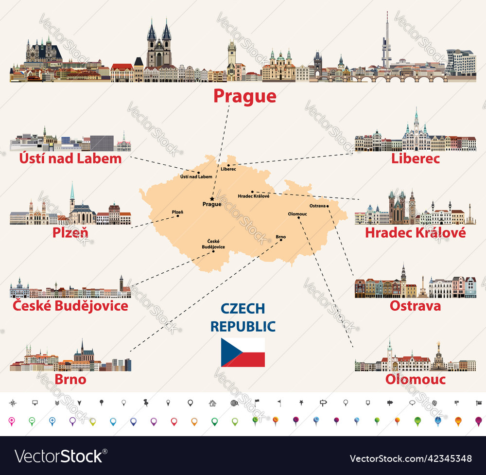 Map of czech republic with main cities skylines Vector Image