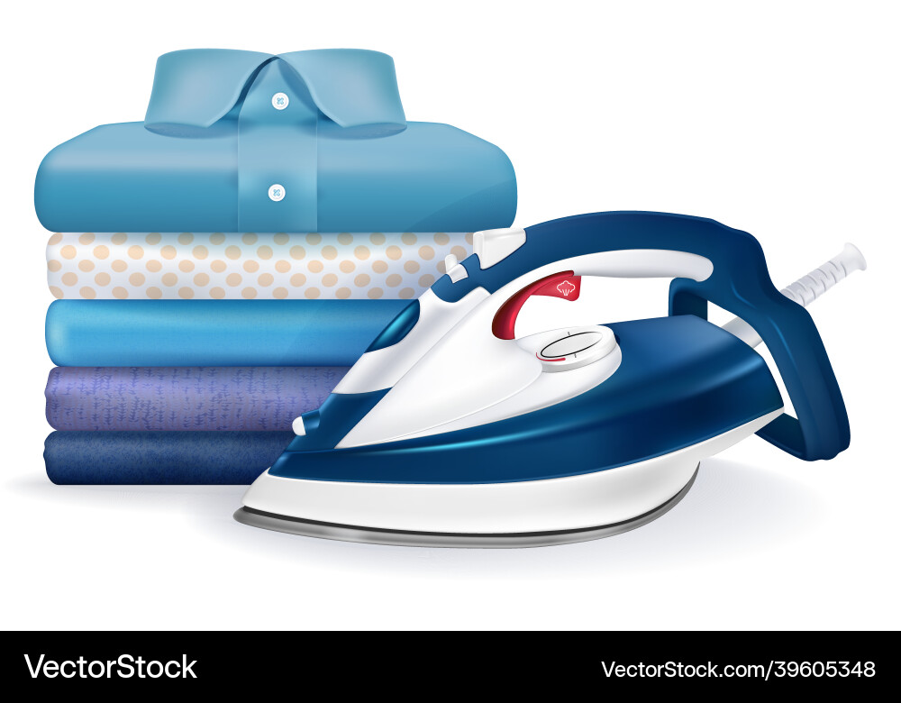 Realistic detailed 3d iron and stack of ironed Vector Image