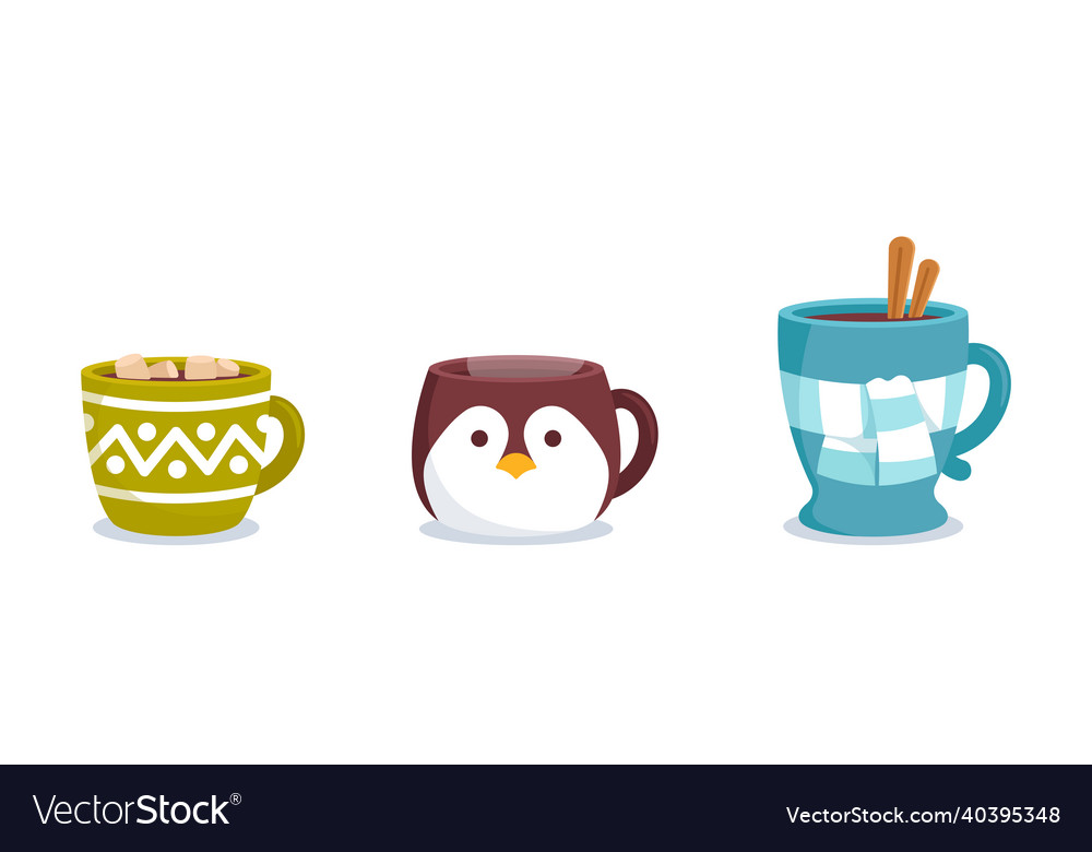 Winter drinks in decorated christmas cups penguin Vector Image