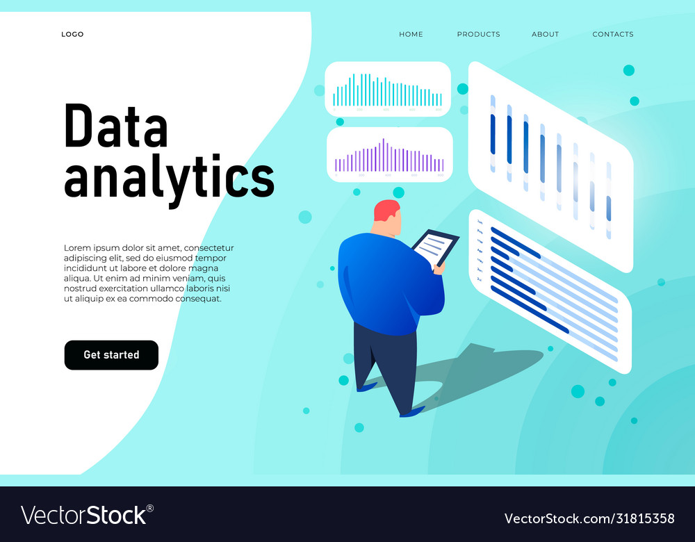 Data analytics dashboard isometric man analyze Vector Image