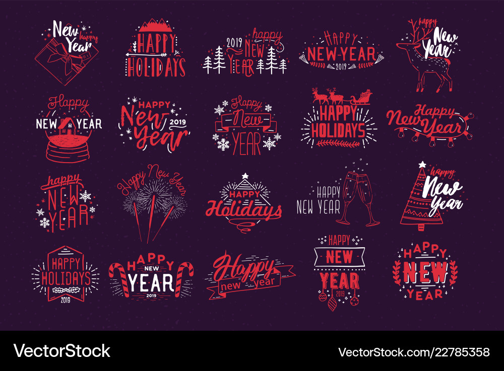 Set elegant new year lettering handwritten Vector Image