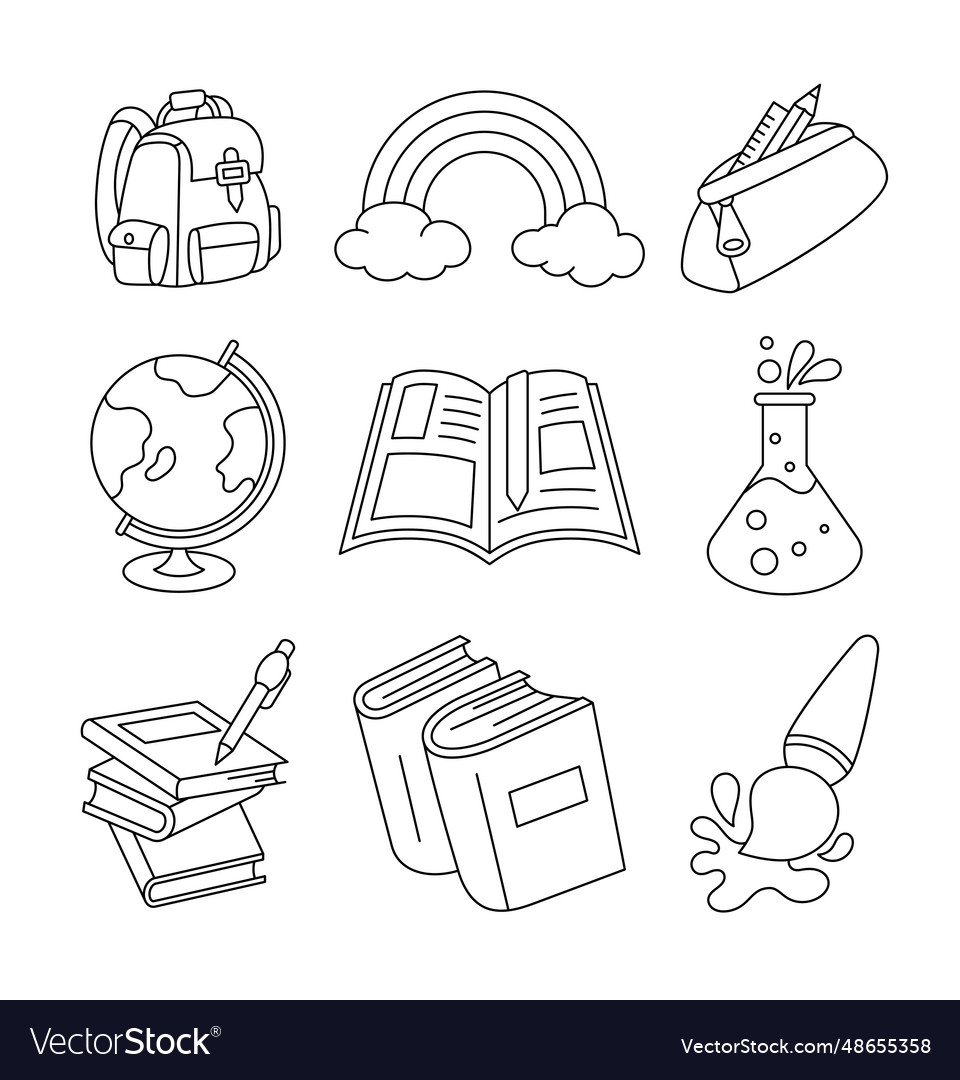 Set of school supplies coloring page Royalty Free Vector