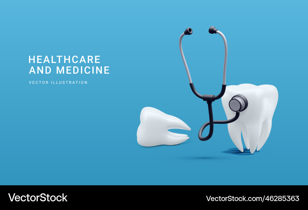 3d realistic tooth with medical stethoscope Vector Image